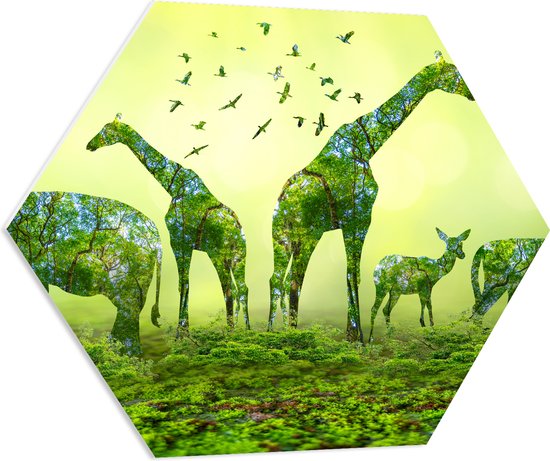 PVC Schuimplaat Hexagon - Silhouet van Bomen in de vorm van een Wild ...