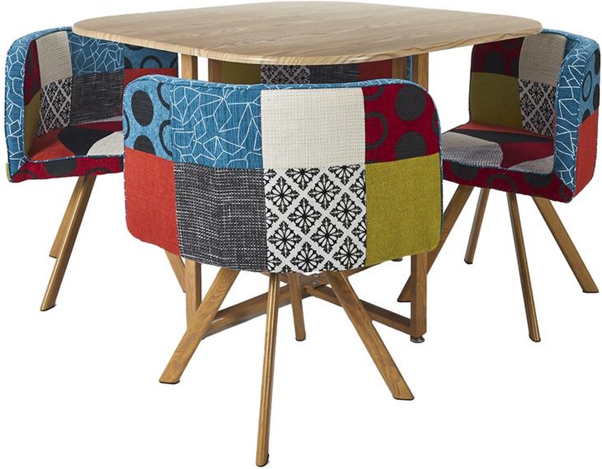 4goodz Compacte Eetkamerset 100x100 cm met 4 stoelen - Patchwork Bont ...