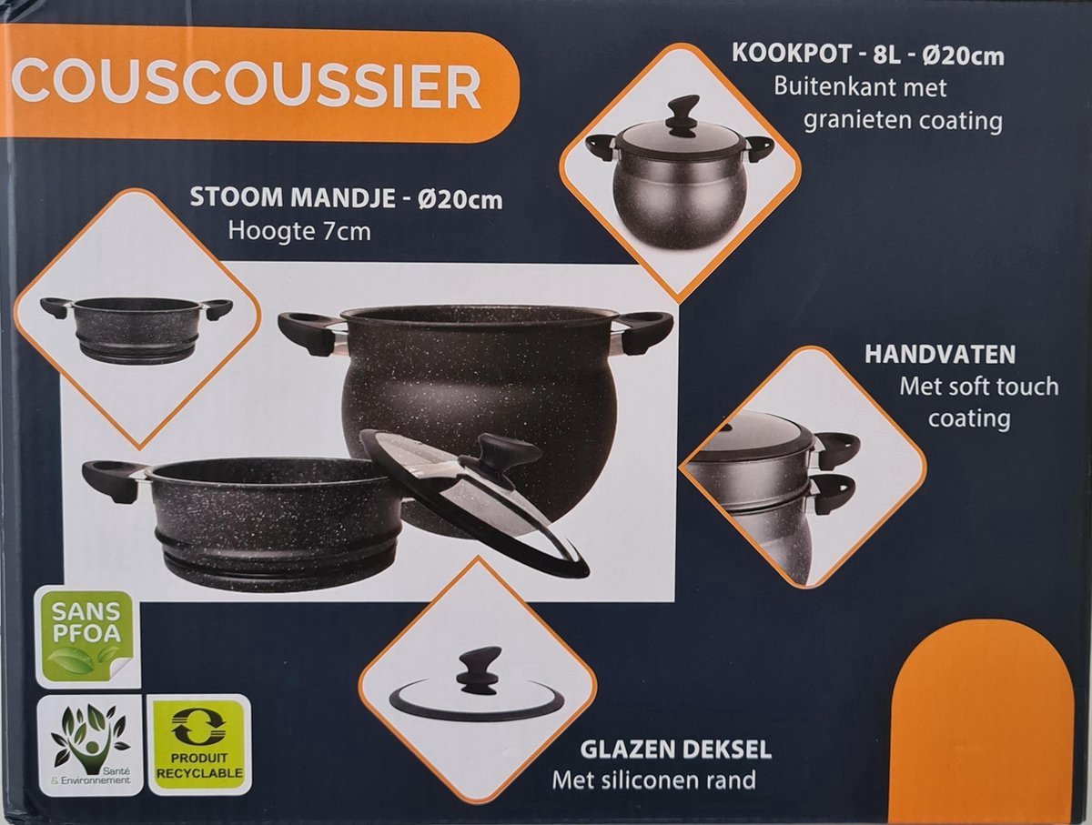 Couscous pan Marrakech - Stoompan - Marmeren coating - 6 Liter - Zwart ...