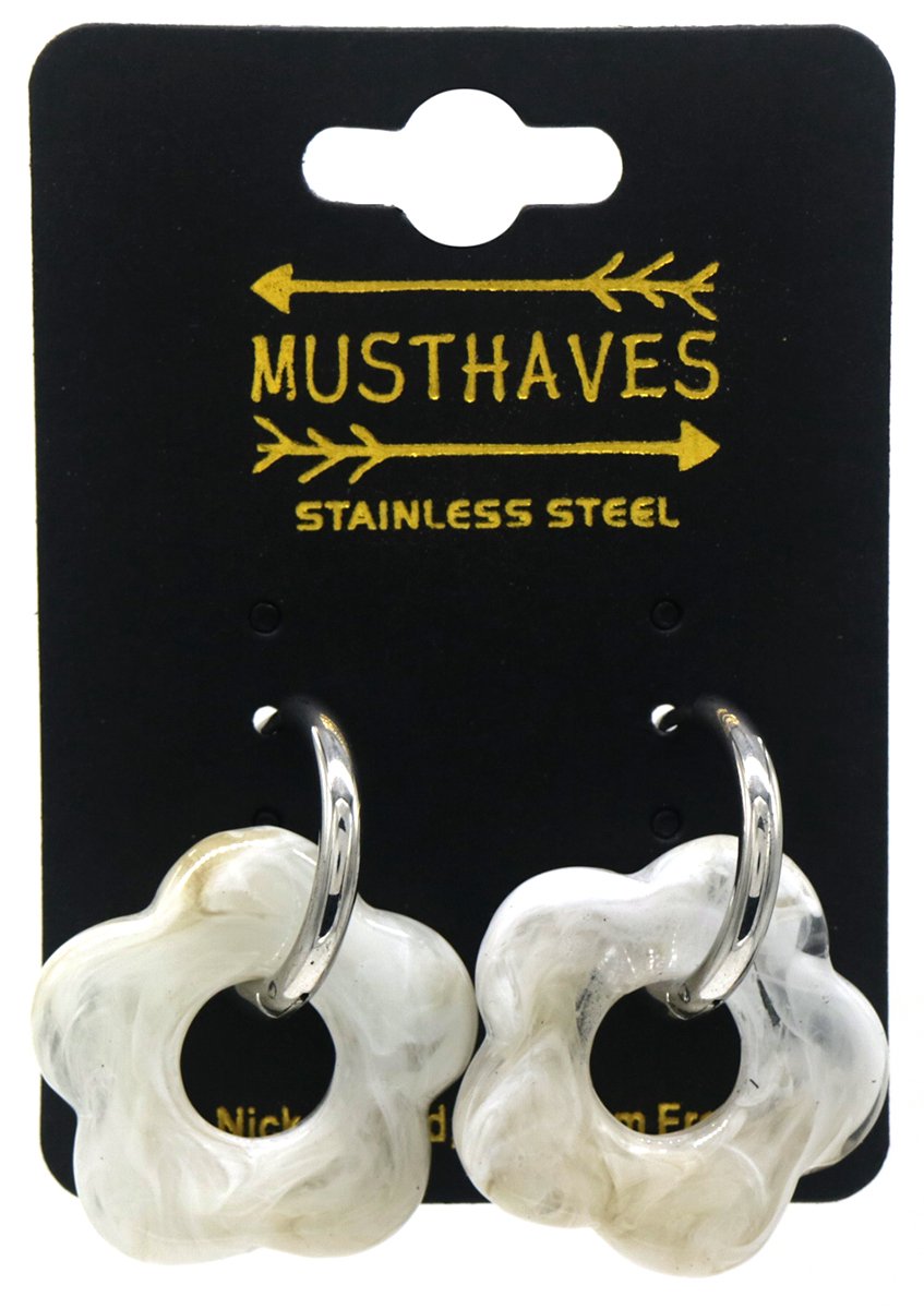 Oorbellen met Bloem - Oorringen - RVS - 3x2 cm - Zilverkleurig en Wit | bol.com