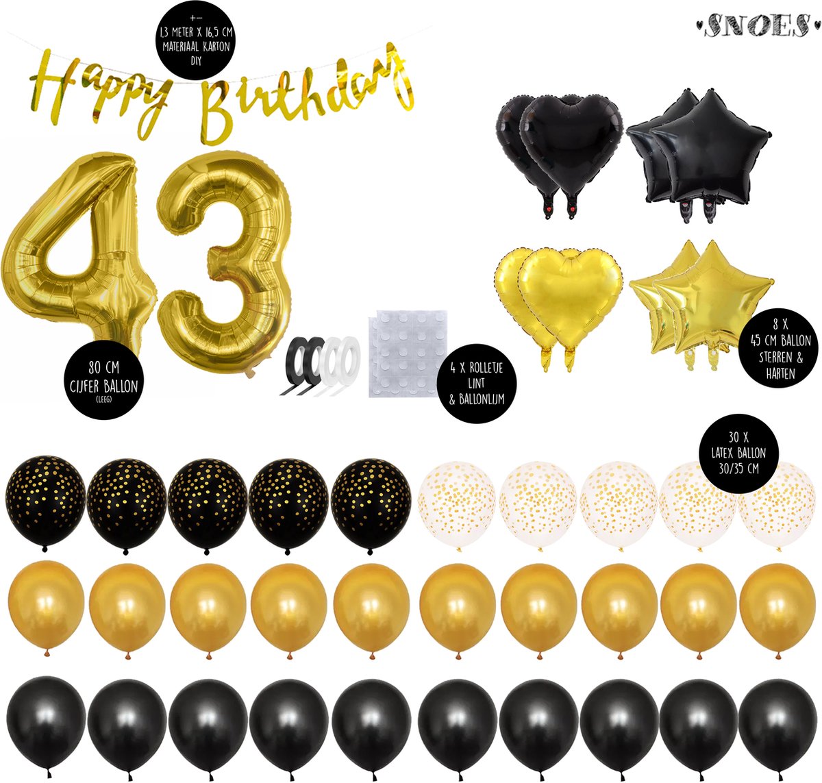 Snoes Ballonnen 43 Jaar Black Gold Dots Mega Ballon - Compleet ...