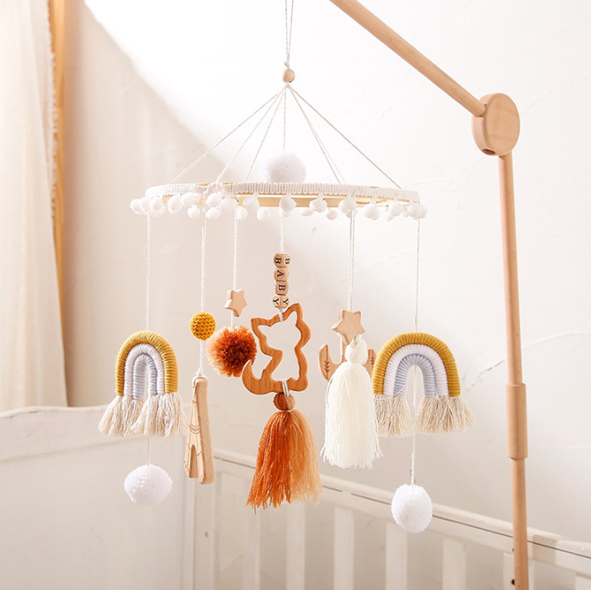 Baby Mobiel Regenboog en Kat - Bruin/Geel/Wit - Boxmobiel Hout/Kantoen ...
