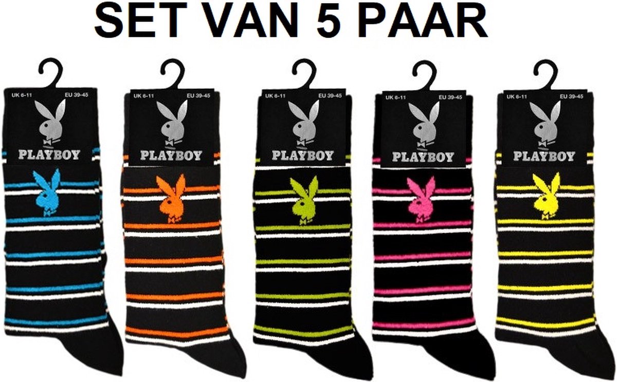Set van 5 paar Playboy heren sokken met logo en gekleurde strepen - mt ...