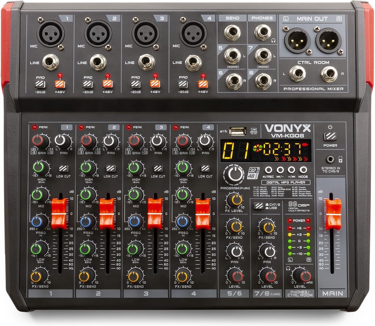 Mengtafel - Vonyx VM-KG08 - 8-kanaals mengpaneel Bluetooth, DSP, mp3 ...