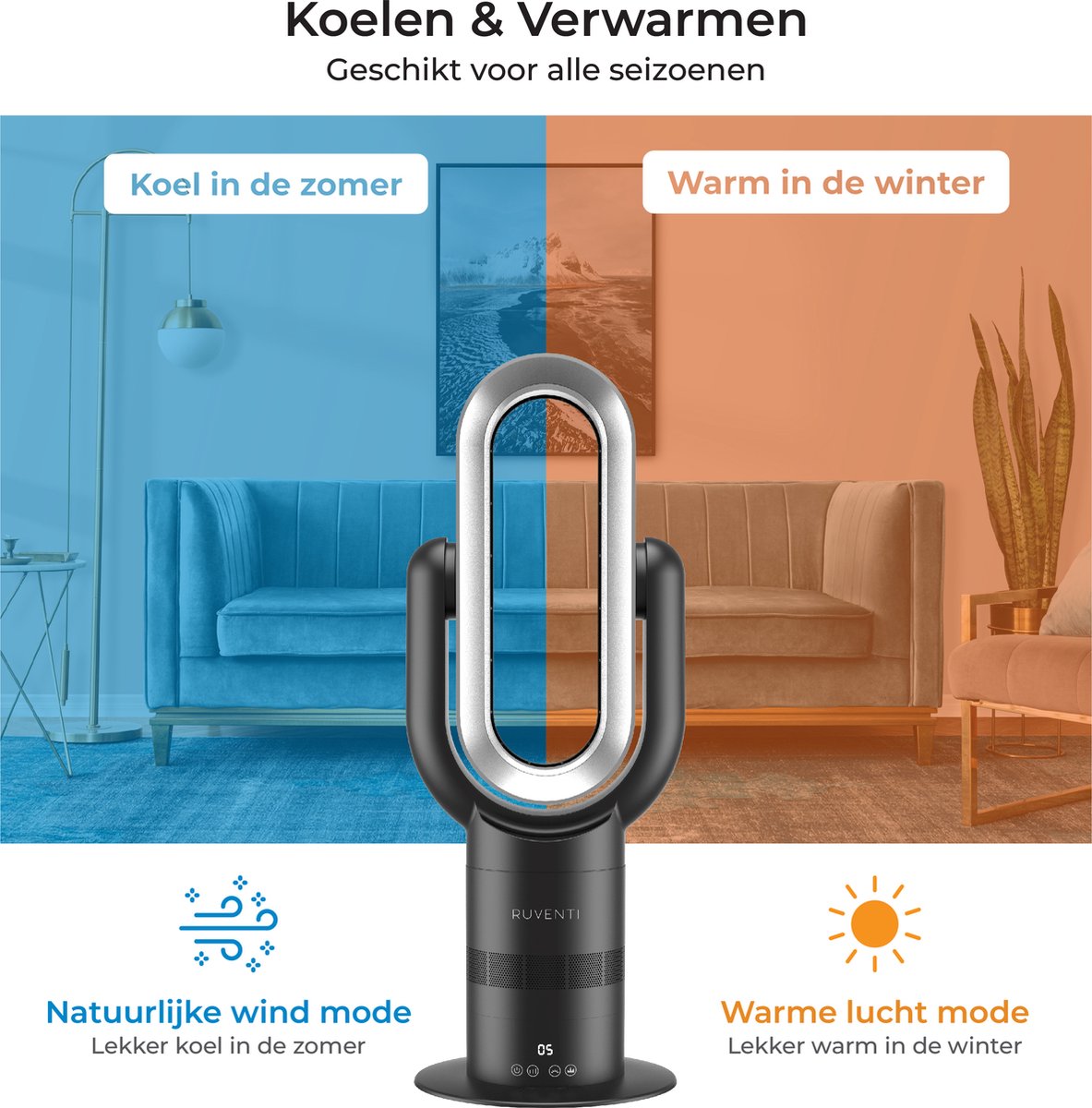 Ruventi Air Pro - Luxe 2-in-1 ventilator - Verwarmen & Koelen - Zwart | bol