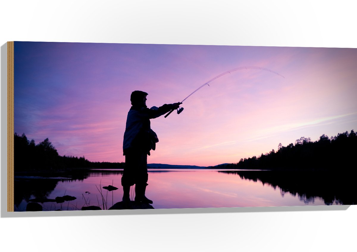 Hout - Silhouet van Man met Hengel op Rots bij Paarse Lucht - 100x50 cm ...