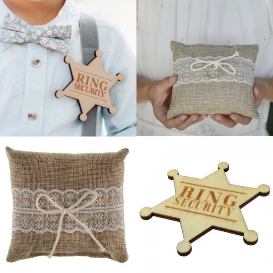 2-delige set met jute ringkussen en houten ringsecurity badge ...