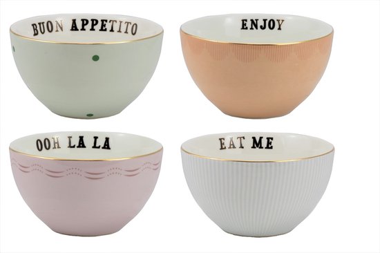 Yvonne Ellen Slogan - set/4 bols - porcelaine - textes - couleurs ...