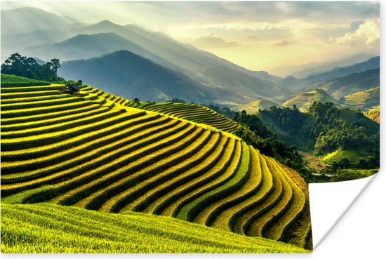 Poster Terrassen van rijstvelden met op de achtergrond een ...