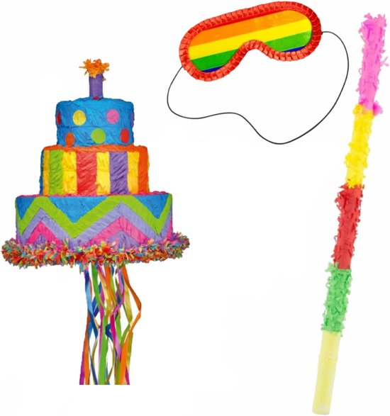 Pinata van een verjaardagstaart - set met masker en stok - Pinata 33 cm ...