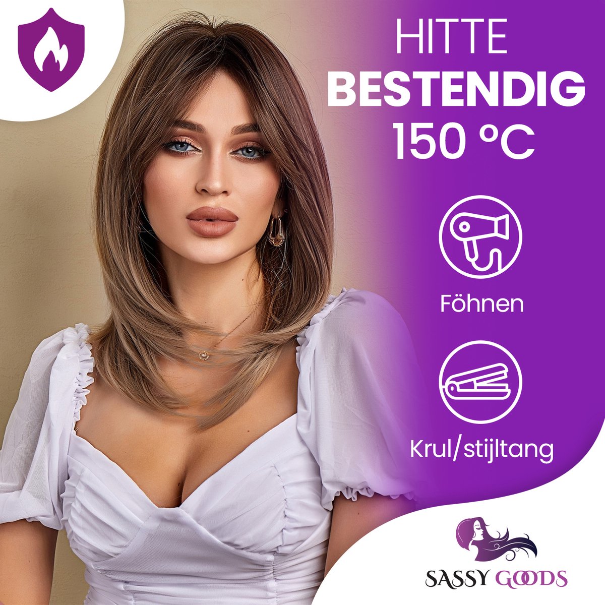 Bruine Pruik - Pruiken Dames - Wig - Verstelbaar - Half Lang Haar - 50 ...