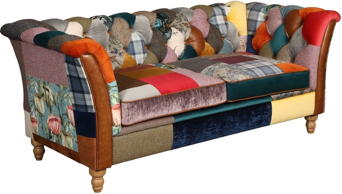 Chesterfield 3 zits bank Multicolor Patchwork Harris Tweed stof / leer ...