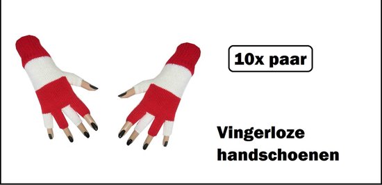 10x Paire de gants sans doigts rouge / blanc - Bright - Soirée à thème ...