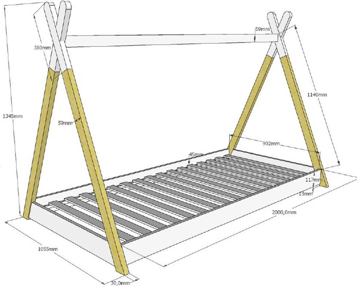Dream Tree Tipi Bed 90 x 200 cm met Canvas Tito Grijs H134 | bol.com