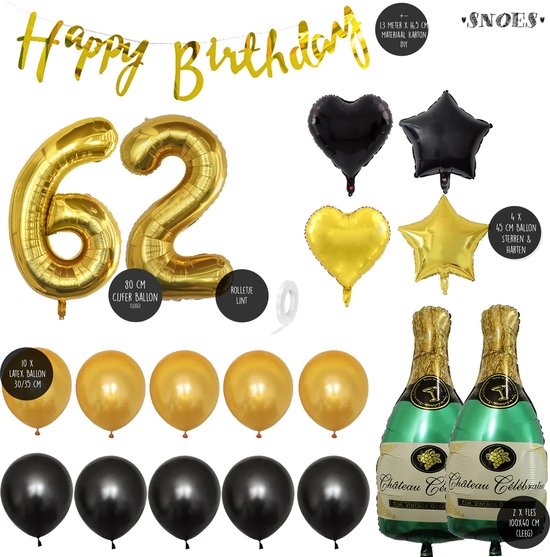 62 Jaar Verjaardag Cijferballon 62 - Feestpakket Snoes Ballonnen Pop ...