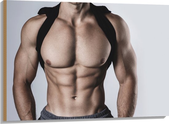 Hout - Bodybuilder Lichaam van Man tegen Witte Achtergrond - 100x75 cm ...