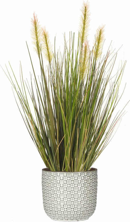 Emerald Kunstplant - groen rietgras sprieten 45 cm - in wit keramiek ...