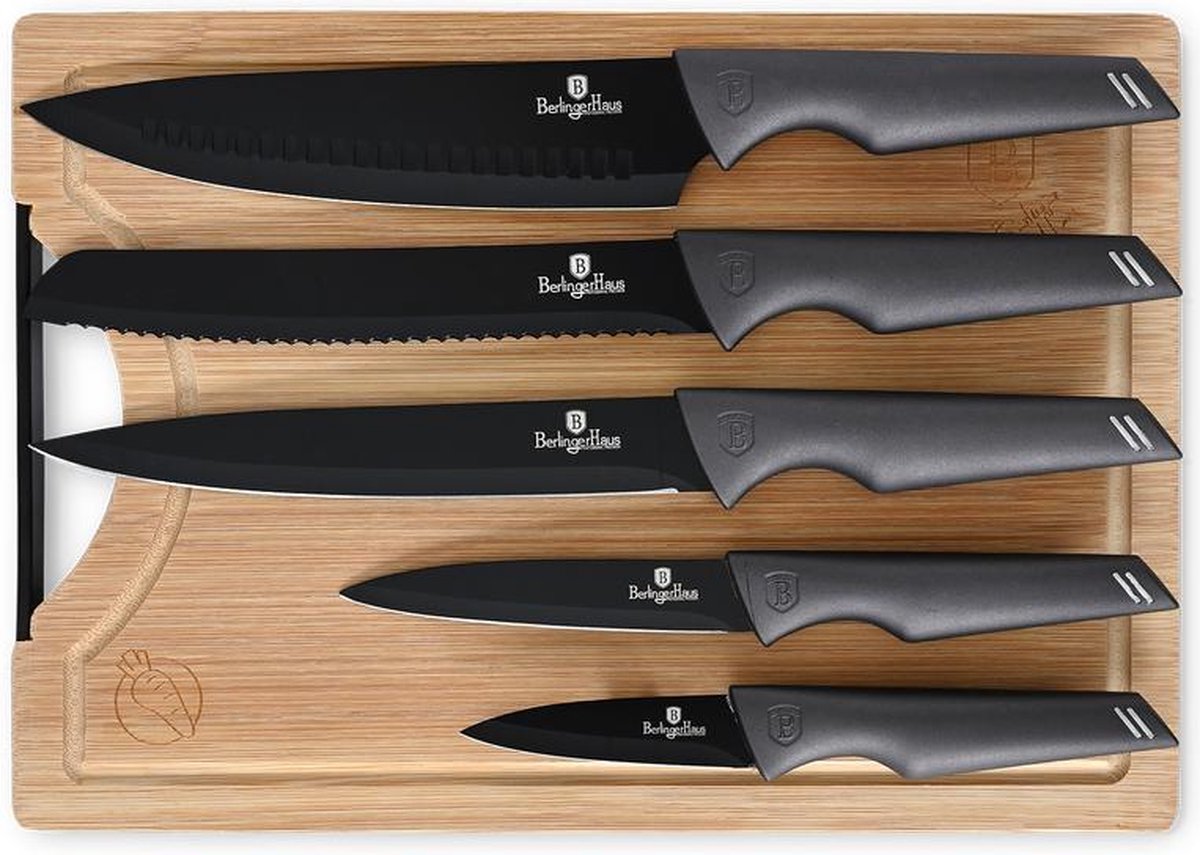 Berlinger Haus - 6 delige keuken messenset met snijplank - MAT Zwart ...