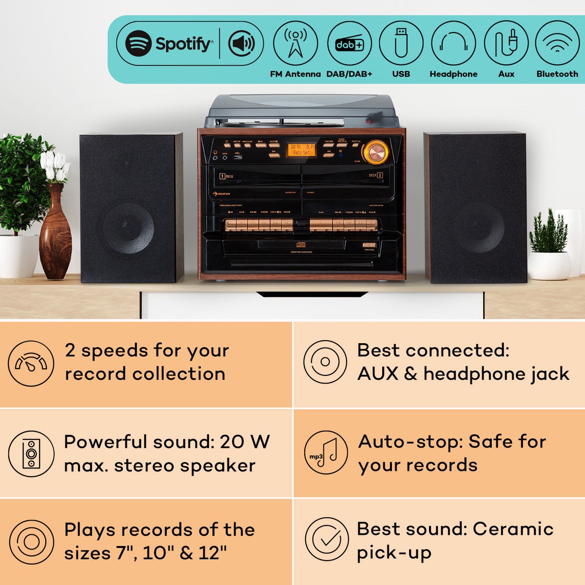 Auna 388-DAB+ stereo-installatie met 2 speakers - Met platenspeler, CD ...