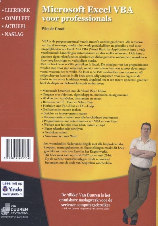 Het complete boek - Excel VBA voor professionals | 9789059409354 | Wim de Groot |... | bol