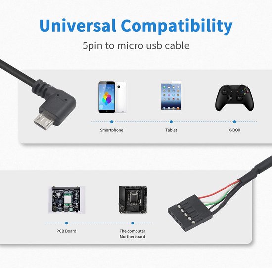 Micro USB Dupont Kabel 90 Graden Hoek Male naar 5 Pin Moederbord Female ...