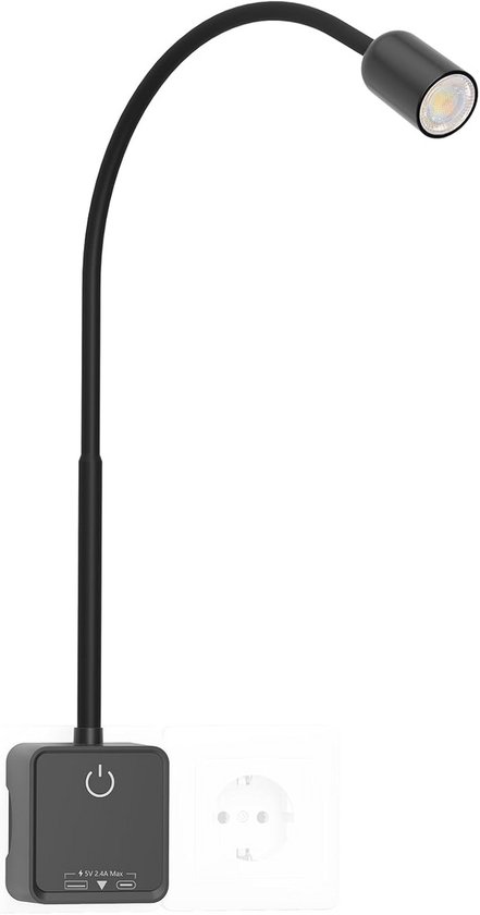 Dimbare LED Leeslamp met Stekker en USB Oplaadpoorten voor aan het Bed ...