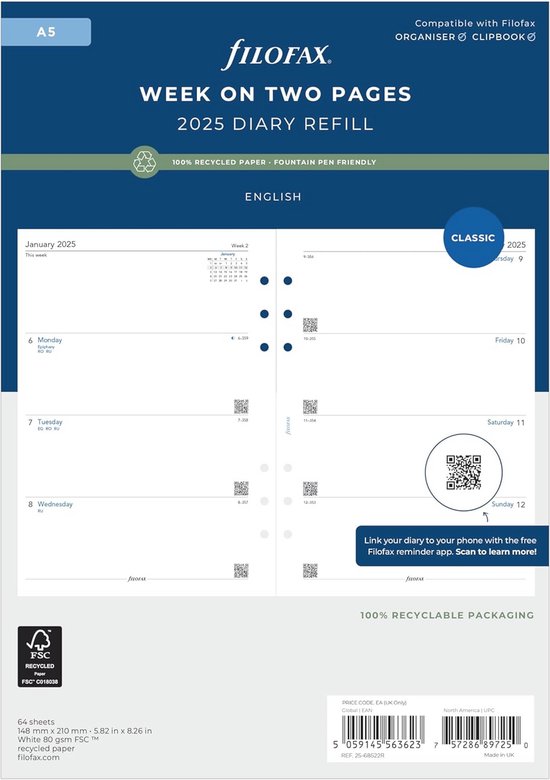 A5 Weekkalender Navulling - 2025 - Week op Twee Pagina's - Wit Papier ...