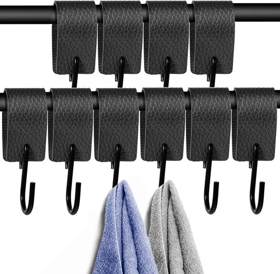 S Hooks, Pack of 10 Hooks with Leather Loop Coat Hooks Black Hooks S ...