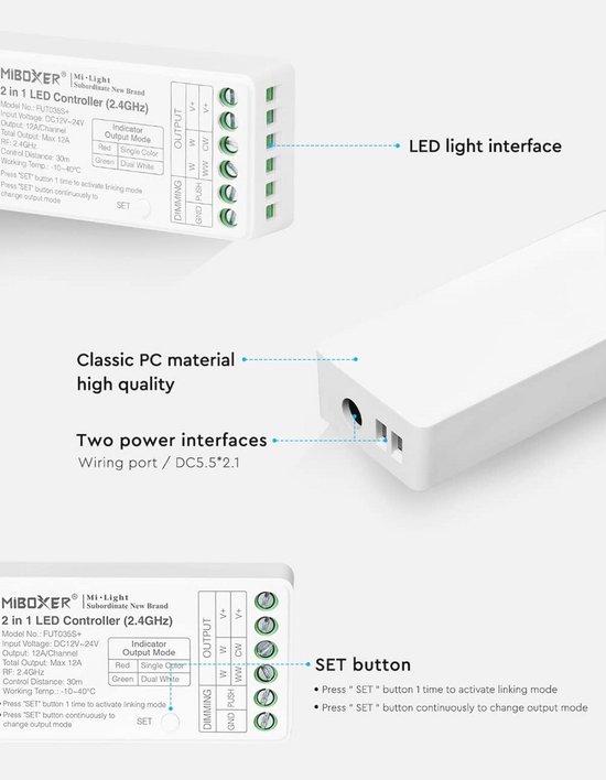 2-in-1 LED Strip Controller voor Enkele Kleur en CCT Dubbele Witte LED ...