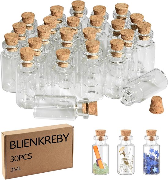 30x Mini Glazen Flesjes met Kurk - 3ml Proefbuisjes voor Decoratie ...