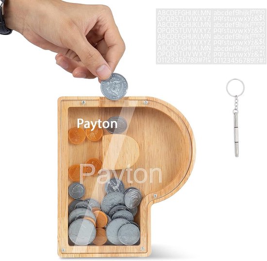 Houten Spaarpot Kind met Naam (Alfabet Letter), Doorzichtige ...