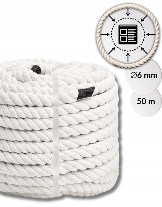 Sterke Katoenen Touw 6mm - 50m, Wit, Decoratief Zeil Touw | bol