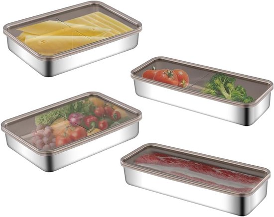 Set van 4 RVS Rechthoekige Opbergdozen voor Koelkast en Diepvries met ...