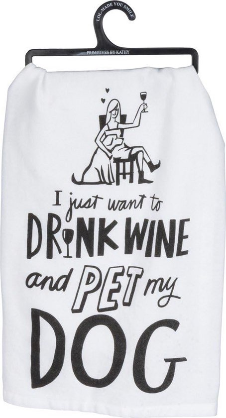 Grappige Katoenen Theedoek met Wijn & Hond Thema - 70x70 cm | bol