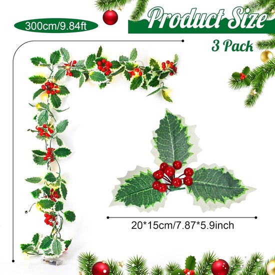 3x Verlichte Kerstslinger met Bessen en Hulstbladeren, 3 Meter ...