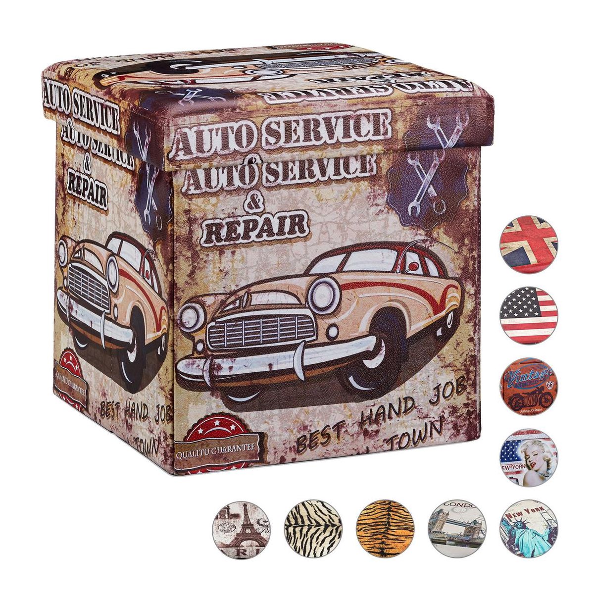 Relaxdays opvouwbare poef met opbergruimte - vierkante hocker met print ...