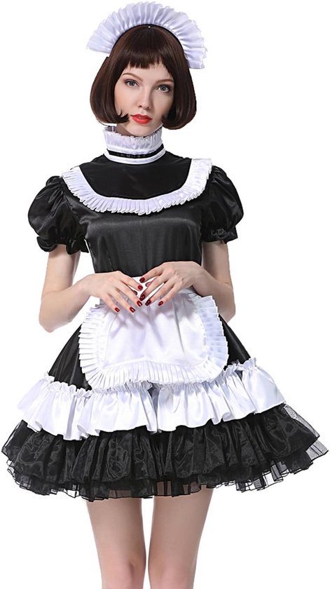 Zwarte Satijnen Sissy Dienstmeisje Jurk Crossdress Kostuum met Rok | bol