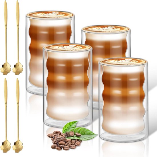 Double-walled glass coffee cups 4 x 400 ml with 4 teaspoons - Set of transparent... | bol