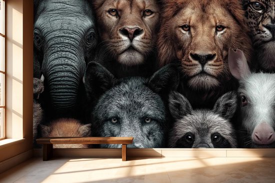 Peel & stick Fotobehang - Wild Unity: Animal Portrait Collage - 250x300 centimeter | bol