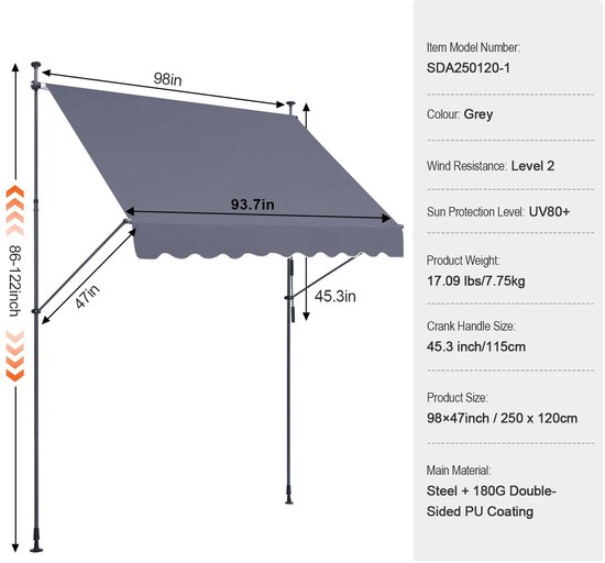 Klemluifel - Balkonluifel - Zonneluifel - Terras-luifel - 98x47inch ...
