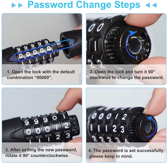 Fietsslot met cijfers - hoog veiligheidsniveau - 5-cijferige code - 6 x ...