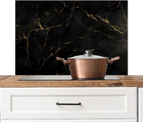 Spatscherm keuken 80x55 cm - Kookplaat achterwand Zwart marmer - Gouden ...