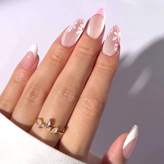 24pcs Medium Almond Shaped Press On Nails - Flower Design Stickers ...