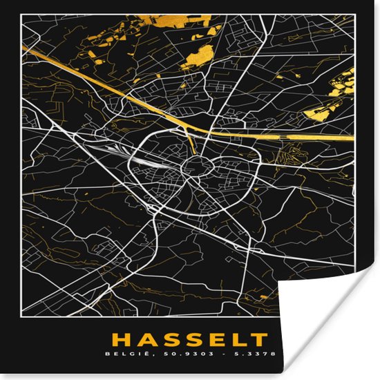 Poster Plattegrond - Hasselt - Kaart - Stadskaart - Goud - 75x75 cm ...