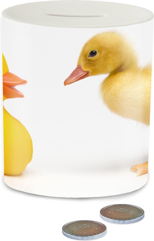 Spaarpot - Spaarblik - Baby eend met bad eend op witte achtergrond ...