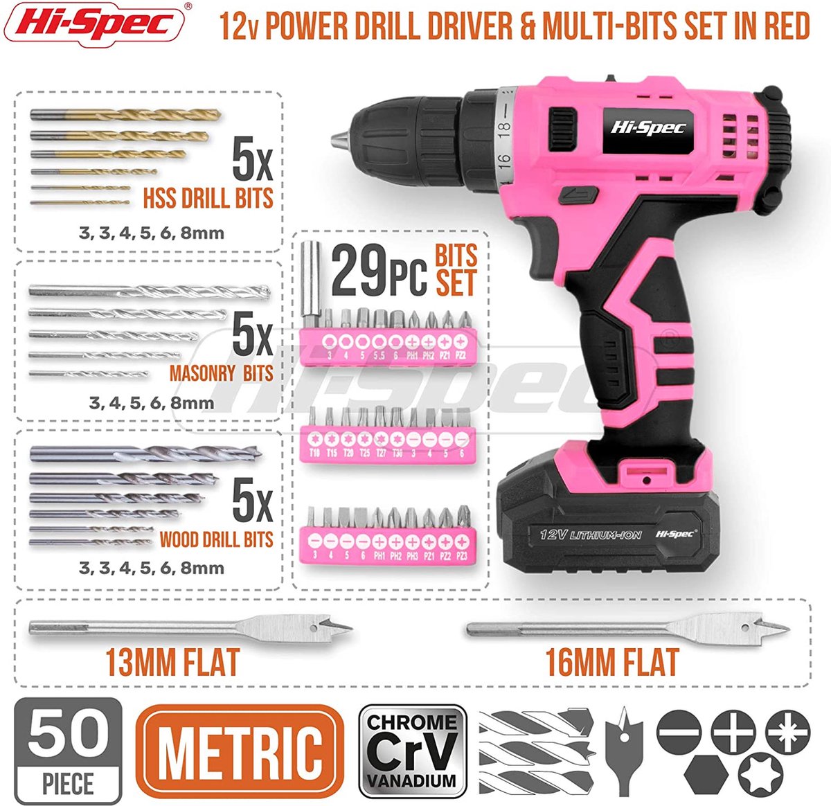 Hi-Spec 50-Delige Elektrische 12V Li-ion Boormachine & Multi-Bit Set ...