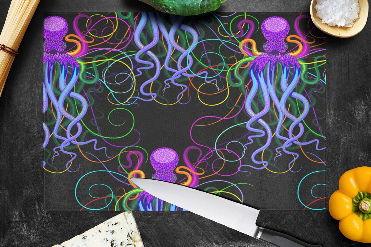 Glazen Snijplank - 39x28 - Octopus - Regenboog - Neon - Abstract ...