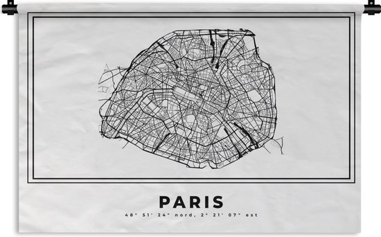 Wandkleed - Wanddoek - Kaart – Parijs - Zwart Wit – Plattegrond ...