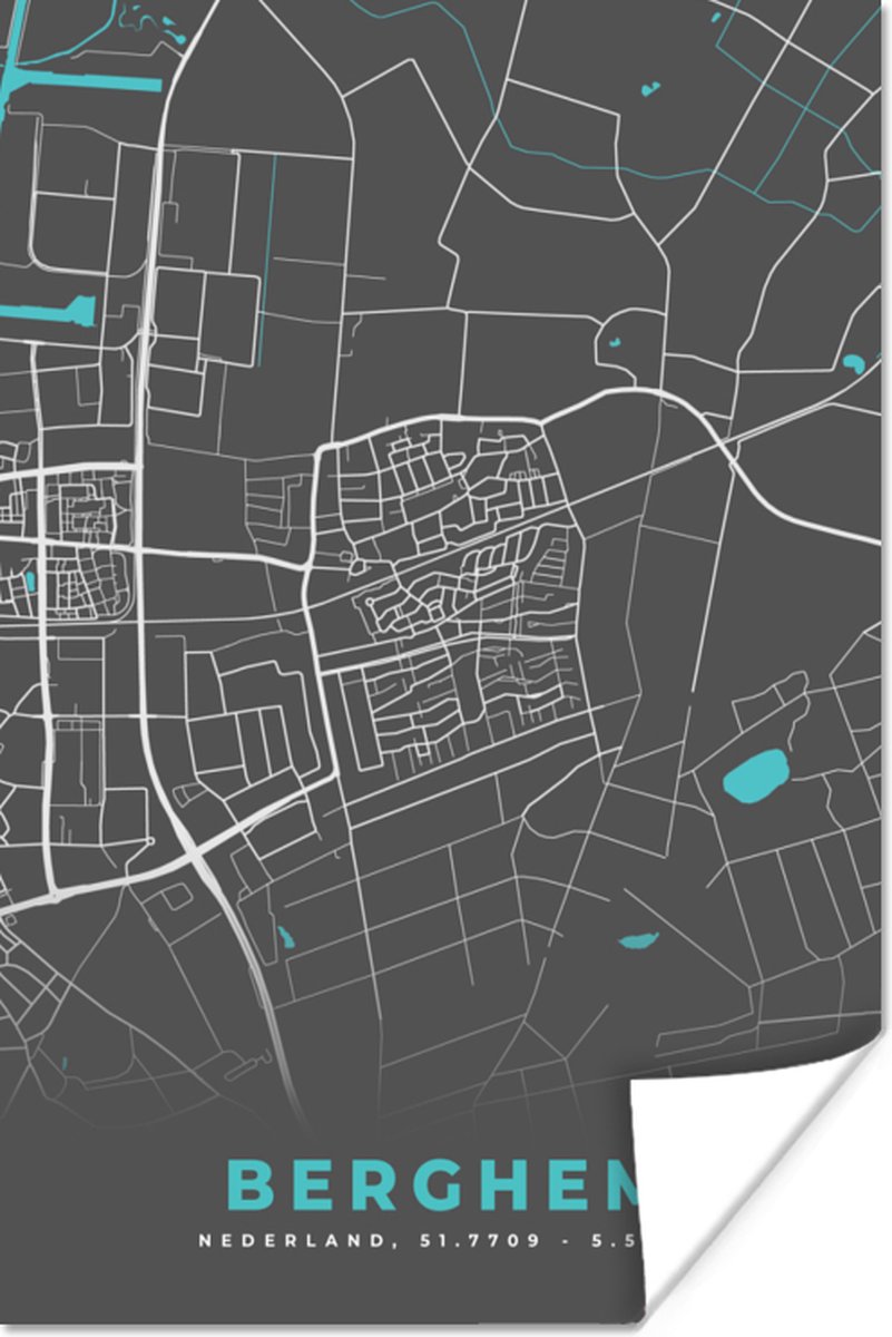 Poster Berghem - Blauw - Kaart - Plattegrond - Stadskaart - 40x60 cm ...