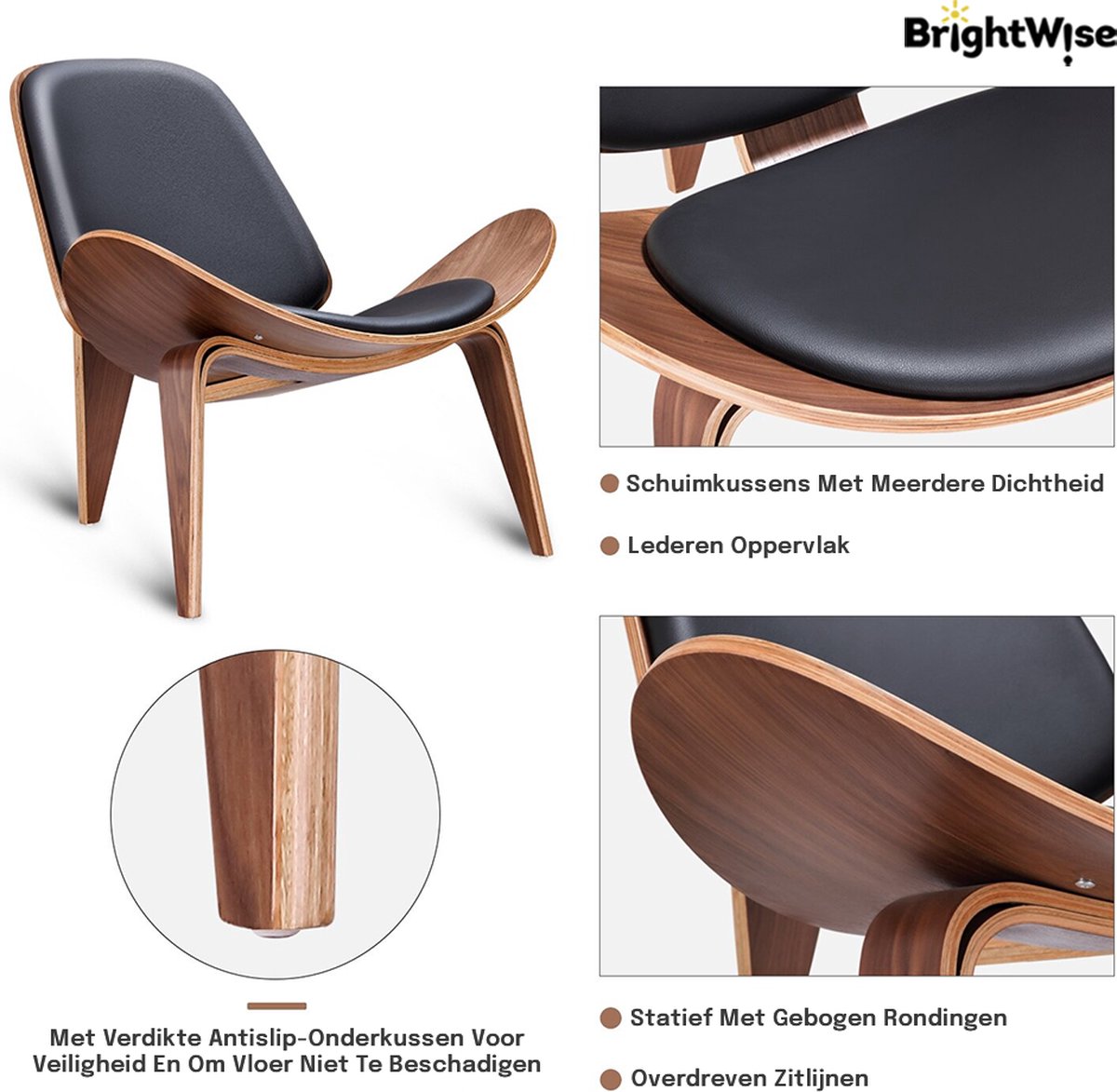 BrightWise® Design Lounge Stoel Walnoot Hout Lederen Kussen ...